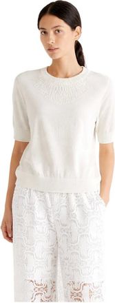 Meimeij Femme, Pulls, Blanc, Taille: 46 FR M6Pz16 Pull &agrave; manches courtes et col rond