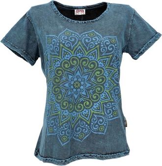 Guru Shop T-shirt avec imprim&eacute; mandala, Stonewashed T-shirt, femme, coton, tops & T-shirts, v&ecirc;tements alternatifs, bleu, 40