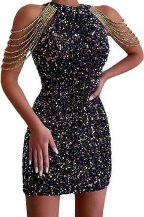 Generic Robe scintillante pour femme - Robe de bal de fin dann&eacute;e, &eacute;l&eacute;gante, longueur genou - Robe de soir&eacute;e - Coupe ajust&eacute;e - Pour invit&eacute;es de mariage, Noir, 