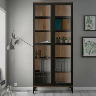 Dmora Vitrine Lisanne, Glas-Sideboard, Mehrzweckvitrine, H&auml;ngendes B&uuml;cherregal mit Glast&uuml;ren, 89x36 h203 cm, Schwarz und Walnuss