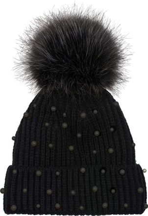 styleBREAKER Damen Strick Bommelmütze mit Perlen und Fleece Futter, warme Winter Fellbommel Mütze, Fake Fur 04024155, Farbe:Schwarz