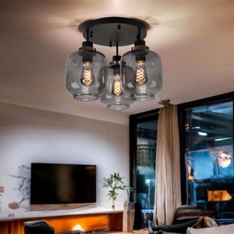 Globo Lighting Plafonnier Plafonnier Table &agrave; manger noir Lampe de couloir lampe design 3 flammes abat-jour en verre fum&eacute;, m&eacute;tal mat, 3x douille E27, DxH 45x33 cm