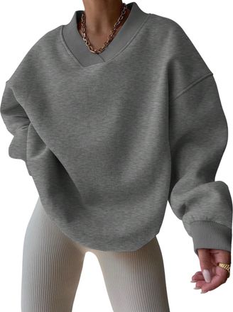 SOLY HUX Damen Sweatshirt Pullover Langarm Oberteil Oversized Langarmshirt V Ausschnitt Pulli Freizeitshirts Herbst Winter Outfit Dunkelgrau XL