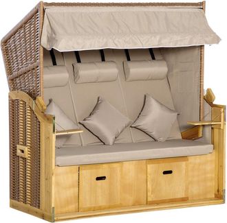 OUTSUNNY Strandkorb 3-Sitzer Sonnenliege mit Dach 2 Klapptischen Fu&szlig;st&uuml;tze Chaiselongue 5-stufige R&uuml;ckenlehne XXL Polyrattan Natur 150 x 79 x 160 cm