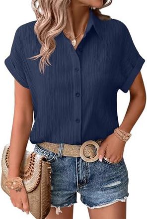 Zeagoo Chemise à manches courtes pour femme, boutonnée, coupe ample, chemisiers, poche de poitrine, col en V, haut dété, bleu, S