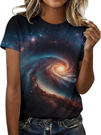 Generic Galaxy T-shirt pour femme - Imprim&eacute; galaxie 3D - Chemisier ciel &eacute;toil&eacute; - Plan&egrave;tes - Costume univers, hauts de festival, tenue &agrave; manches courtes - Col 