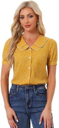 Allegra K Chemise à Pois Femme à Manches Courtes Bouffante Haut à Col Claudine Vintage en Mousseline de Soie Moutarde XS