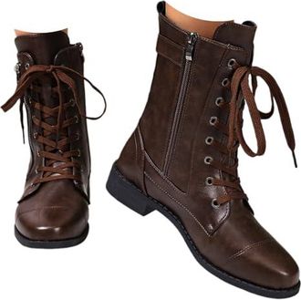 Generic Bottes mi-hautes à lacets pour femme - En cuir - Avec fermeture éclair latérale - Antidérapantes - Uni - Décontracté, Vwine, 38.5 EU