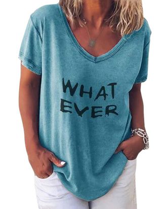 Minetom Damen Sommer Kurzarm Blusen T-Shirt V-Ausschnitte Casual Loose Oversize Shirt Einfarbig Casual Brief Bedruckt Asymmetrisch Oberteile Top C Blau DE 46