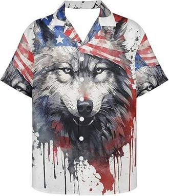 Keephen kewing Patriotique Drapeau USA Chemises Hommes/Femmes Aigle/Loup Impression 3D Chemise Hawaiienne Chemise &agrave; Boutons Cool Plage Vacances Col &agrave; Revers H