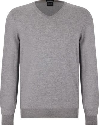 BOSS Herren Baram-L Pullover aus nachhaltigerer Wolle mit V-Ausschnitt Silber M