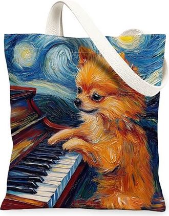 Generic Sac fourre-tout r&eacute;utilisable en toile pour faire du shopping en forme de chien de Pom&eacute;ranie 33 x 38,1 cm, motif piano nocturne &eacute;toil&eacute;, sac d&eacute;picerie r