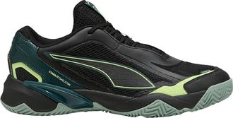 Puma Unisex SOLARSTRIKE 4 Indoor Court Shoe, Black-Green Terrain-Fizzy Light-Light Moss, 38.5 EU, Puma Schwarz-grünes Terrain Fizzy Light Light Moss, 38.5 