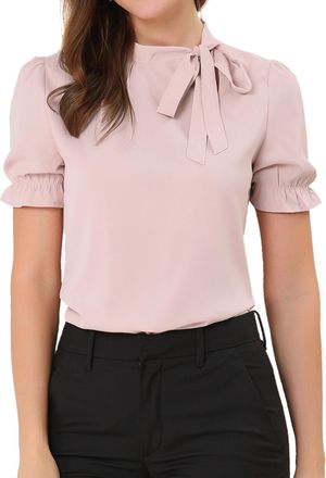 Allegra K Damen 50er Jahre Bluse mit Schleife Schluppenbluse Festliche Blusen Kurzarm Panel Fliege Hals R&uuml;schen Elegant Top Rosa XXL