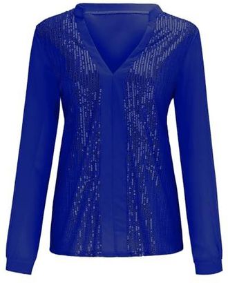 Generic T-shirts de fête pour femme à manches longues grande taille avec paillettes brillantes et élégantes, chemise col en V chic Clubwear ample, chemisiers 