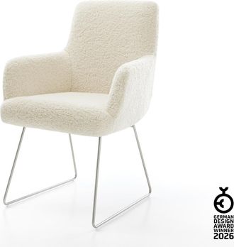 DELIFE Esszimmerstuhl Heira-Flex mit Armlehnen Teddystoff Beige Kufengestell Edelstahl Taschenfederkern, Esszimmerst&uuml;hle