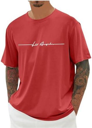 Generic T-shirt dété surdimensionné à manches courtes et col rond pour homme avec imprimé de ville - Chemises basiques amples et décontractées, rouge pastèque