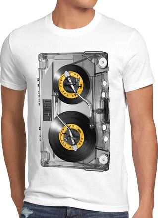 style3 Nonstop Play T-Shirt Herren Kassette Fotodruck Turntable Schallplatte, Gr&ouml;&szlig;e:XL, Farbe:Wei&szlig;