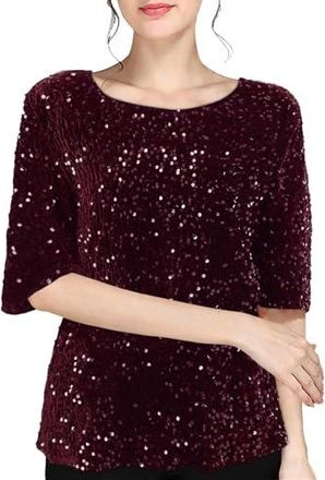 Generic Hauts scintillants pour femme - Chemises &agrave; manches courtes d&eacute;contract&eacute;es et tendance - Col rond - Haut &agrave; paillettes - Haut &agrave; paillettes - Grande taill