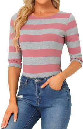Allegra K Damen Gestreiftes Shirt U Boot Ausschnitt Halbarm Party Ferien Streifen Top Bluse Rosa Grau L
