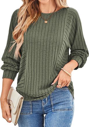 Dokotoo Damen Pullover Rundhals Fledermaus&auml;rmel Langarmshirt Herbst Winter Leichter Strickpullover Pulli Casual Loose Fit Oberteile Geripptes Sweatshirt, gr&uuml;n