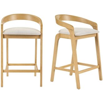 Miliboo Tabourets de bar en tissu effet velours textur&eacute; beige et bois clair H68 cm (lot de 2) PULSO