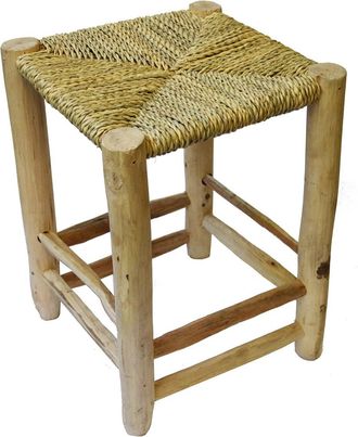Simandra Scandi Stil Holzhocker Hocker Fu&szlig;hocker massiv mit geflochtenen Palmenbl&auml;ttern