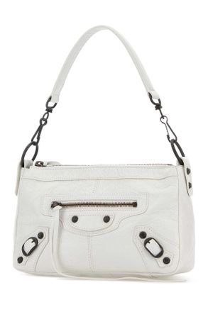 Balenciaga Womens White Leather Mini Le City Moto Shoulder Bag Optic Lamb