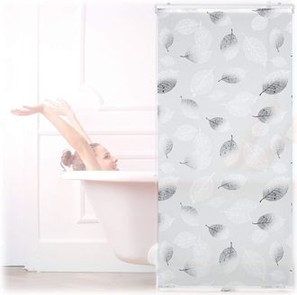 Relaxdays Duschrollo, 80 x 240 cm, Blatt Muster, Seilzug, flexible Montage, Duschvorhang für Badewanne, schwarz-weiß