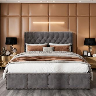 Generic Polsterbett 180x200 cm in Grau mit Samtbezug - Funktionsbett mit Hydraulikhebel, Stauraum und Nietenverzierung - Ohne Matratze