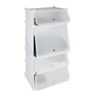 Relaxdays weiß Schuhregal Kunststoff, Regalsystem 4 Fächer, Steckregal, mit Türen, für 8 Paar, HBT 91 x 49 x 36,5 cm, System, 10024520_49, Schuhregal-System mit