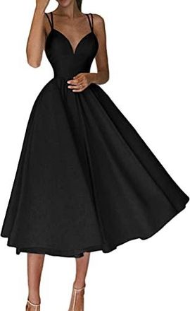 Minetom Robe de Soirée Cocktail Swing Vintage Élégante Col V sans Manches Plissé Mariage Rockabilly Midi Robe B Noir XS