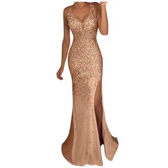 Generic Damen Abendkleid Lang Pailettenkleider für mit Schlitz Glitzer Kleid Sexy V-Ausschnitt Pailetten Abendkleider Elegant für Hochzeit Ballkleid Brautjung