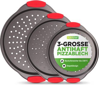 Nutrichef NutriChef Pizzablech 3er-Set Grau - Ø 35,6 cm, Antihaft, Gelocht, Carbonstahl Mit Griff & stapelbar | Für Pizza, Flammkuchen, Brot | Spülmaschinengeei