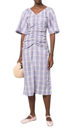 Ganni Checked Seersucker Ruched Midi Dress Size M
