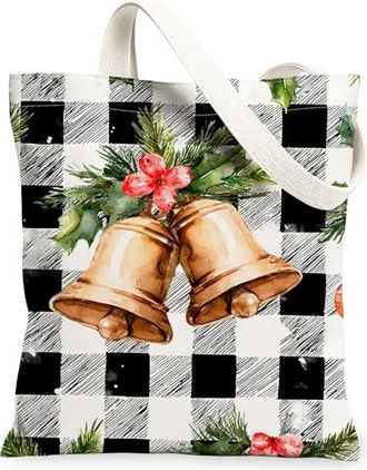 Generic Sacs fourre-tout en toile de No&euml;l, motif cloches de vacances rustiques, sacs de courses r&eacute;utilisables, vintage &agrave; carreaux, l&eacute;gers et lavables, toile p