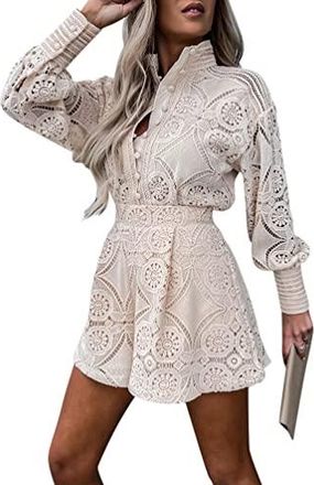 Minetom Femme 2 Pièces Vêtement Elégant Dentelle Manches Longues Shirt Haut Top et Shorts Survêtement Ensemble 2pcs A Beige M