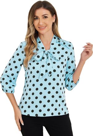 Allegra K Damen 3/4 &Auml;rmel Schluppenbluse Schleife Retro Oberteil Polka Dots R&uuml;schen Elegant Top Blau Schwarz M