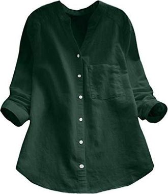 ORANDESIGNE Femmes Blouses Coton Lin Col en V Chemise Chic Simple Haut Manche Longue Tops Tunique Chemise Robes G Vert XXL