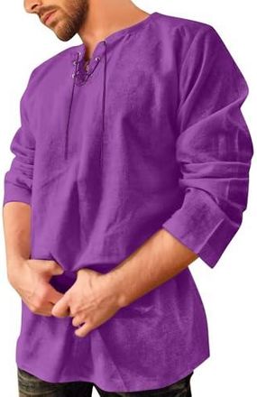 Generic Chemise hippie à manches longues pour homme - Costume de carnaval gothique à laçage en lin - Chemises courtes dété médiévales rétro 2026, violet, XXXL