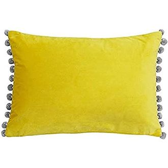 Riva Paoletti Riva Fest Rectangular Feder Gefülltes Kissen Yellow Pompom Edges - Faux Velvet Fabric - Diskrete Reißverschluss - 100 Hülle (14 X 20 Zoll), Polyester,