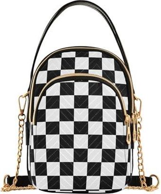 Mnsruu Sac à bandoulière pour femme, sac à main à carreaux noirs et blancs, petit sac à dos, sac à dos à bandoulière, sac à dos de transport en cuir avec san