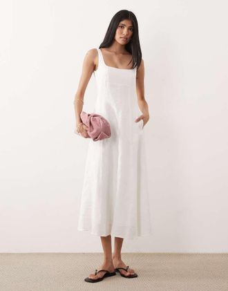 Mango Robe longue sans manches &agrave; encolure carr&eacute;e en pur lin - Blanc