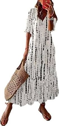 TOMWELL Robe Longue Femme Boho Floral Manches Courtes Col V Robe Portefeuille Robe Sexy Casual Maxi Robe de Plage Soirée D Noir L