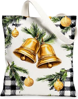Generic Sacs fourre-tout en toile de No&euml;l, motif clochette dor&eacute;e et pin, sacs de courses r&eacute;utilisables, sacs de courses rustiques, l&eacute;gers et lavables avec ban