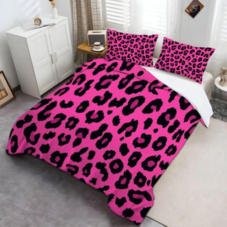 Generic Abbildung Leopardenmuster Drucken Bettwäsche 3-teiliges Set Pink Schwarz, 135 × 200 cm Mikrofaser Bettbezug moderner Druckweich und kuschelig Mikrofas