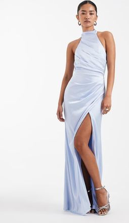 Tfnc Robe longue dos nu pour demoiselle dhonneur en satin &agrave; d&eacute;collet&eacute; plongeant et houppe - Bleu