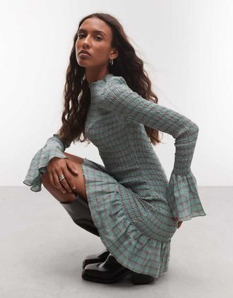 Daisy Street lang&auml;rmliges, gerafftes Minikleid mit ausgestelltem &Auml;rmel in mehrfarbig kariert-Multi