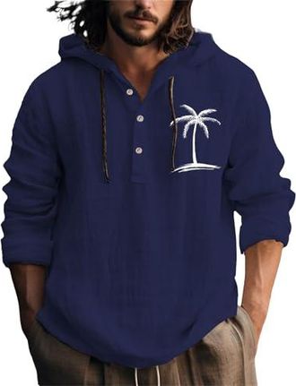 Generic Chemise en lin pour homme - Coton et lin - Sweat &agrave; capuche - Manches longues - Avec capuche - Boutonni&egrave;re - Haut &agrave; capuche - Respirant - Chemise d&eacute;t&eacute; 