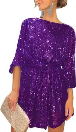 ORANDESIGNE Robe de Paillettes à Col V pour Femme de Soirée Asymétrique Épaules Nues Chic Robe-Mini Brillante Paillette Disco à Manches Longues A Violet XXL